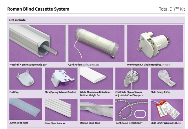 Complete Roman Blind Kit inc rail/rods/bar/tapes/brackets/safety